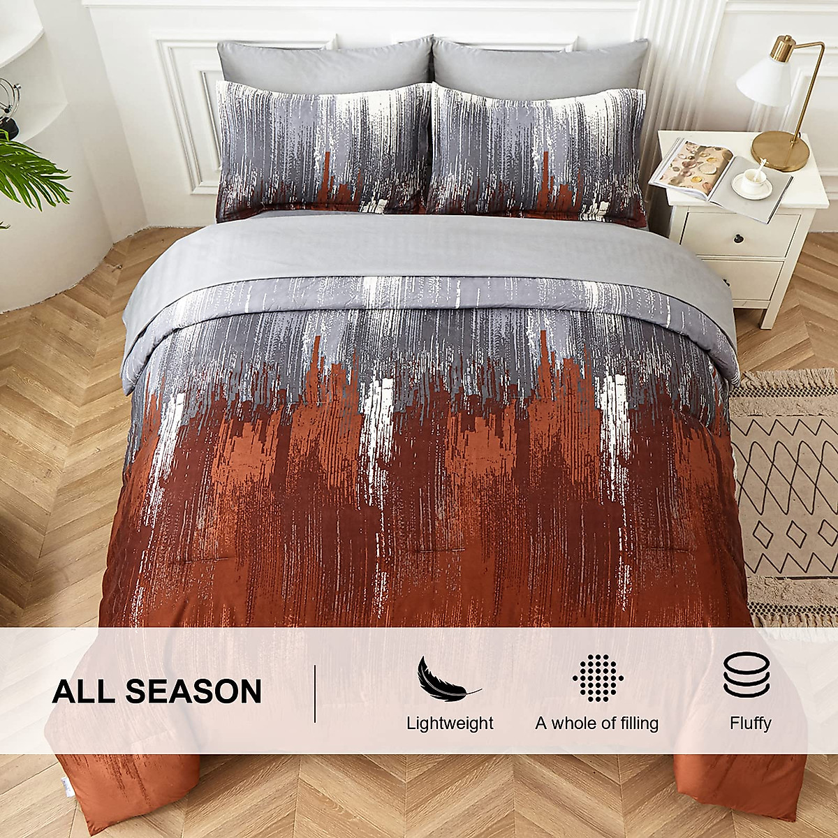 WONGS BEDDING Burnt Orange Comforter Set King, 7 Pieces Bed in a Bag Abstract Art Gradient Soft Microfiber Fall Terracotta Bedding - Comforter, Flat Sheet, Fitted Sheet, Pillow Shams,Pillowcases