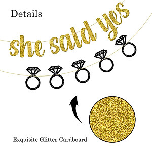 Belrew She Said Yes Banner, Wedding, Engagement Party Decor, Bridal Shower Party Decoration Supplies, Glittery Gold & Black