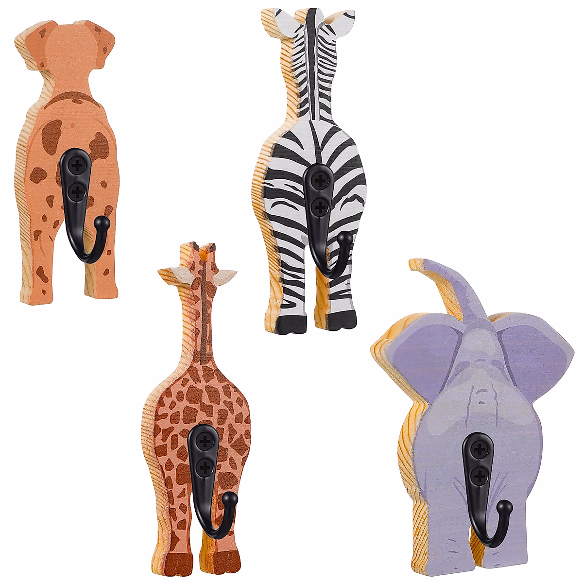 Qunclay 4 Pcs Safari Animal Wall Hooks Decorative Coat Wall Mounted Hooks Wooden Animal Wall Hooks Jungle Animal Hanger Hooks Wood Elephant Giraffe Zebra Dog Hanger for Nursery Bedroom Home Decor