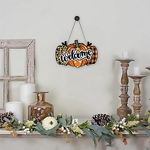 Fall Wreaths for Front Door Wooden Leopard Plaid Welcome Pumpkin Hanging Sign Front Porch Decor Door Sign Farmhouse Wall Living Room Home Decorations 11.8 x 7.9 Inch