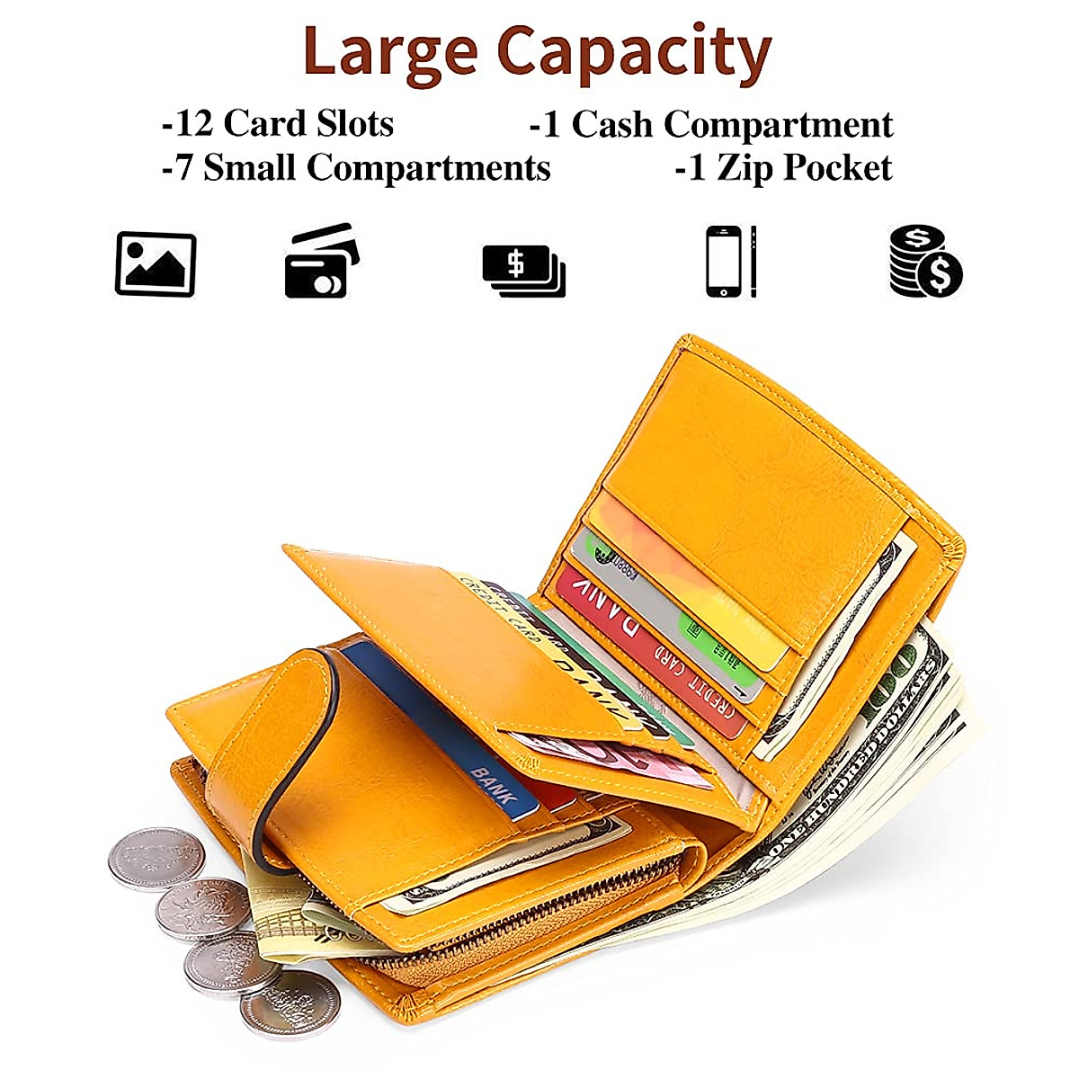 GOIACII Women's Wallet RFID Leather Wallets Small Bifold Zipper Pocket Card Case Purse
