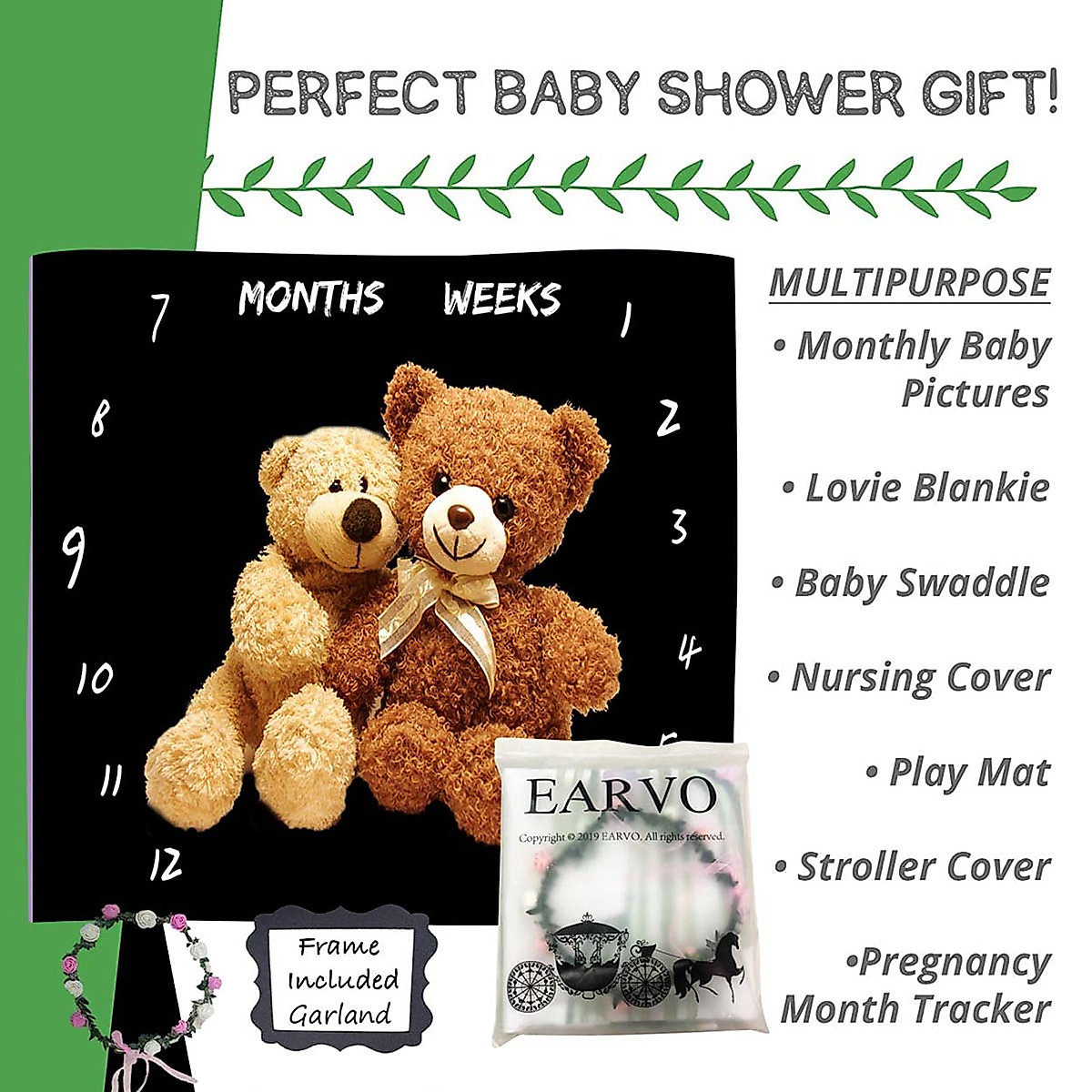 EARVO Cute Bear Baby Monthly Milestone Blanket Boy or Girl Baby Month Blanket Black Background Milestone Blanket for Newborn to 12 Months Milestones 47”x40”BTXYEA51