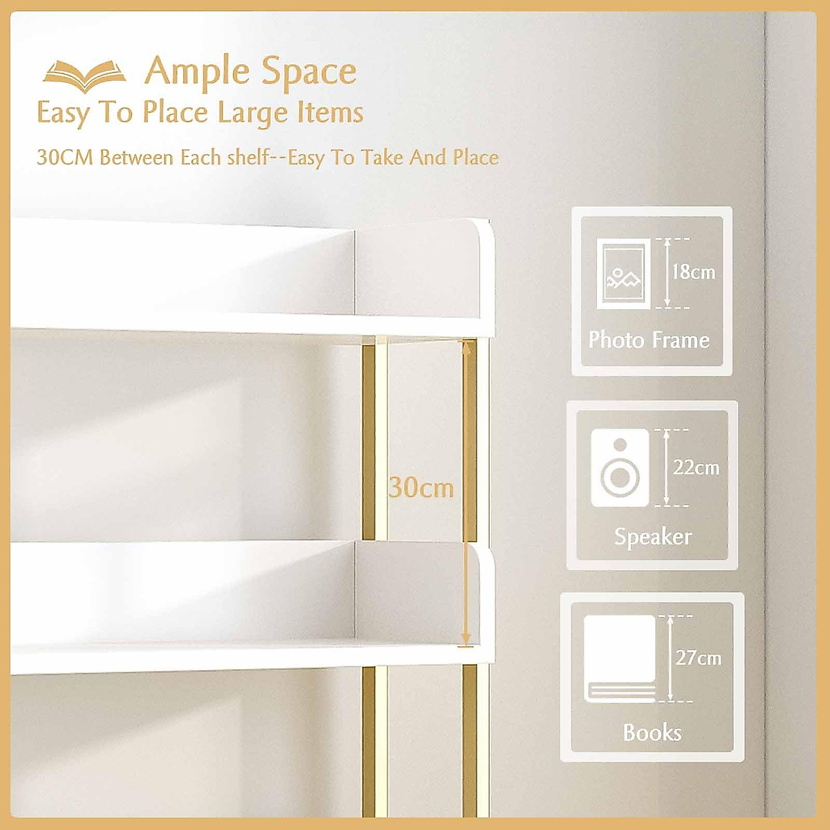 OSCHF Wide Open Shelf Bookcase - Modern 4-Tier Floor Standing Display Bookshelf with Three-Side Baffles for Home and Office, Storage Shelving in Warm White with Gold Frame