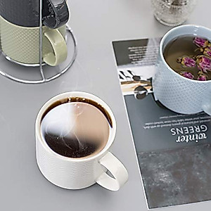 Hasense Stackable Porcelain Coffee Mugs Set of 4 with Metal Stand, 15 Ounce Embossed Cappuccino Cups for Specialty Coffee Drinks and Tea, Multi Color