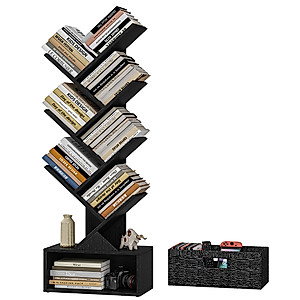 Vagusicc 6 Tier Tree Bookshelf, Modern Floor Standing Bookcase with Storage Drawer, Tall Wood Book Storage Rack for CDs/Books, Utility Book Organizer Shelves for Bedroom/Living Room/Home Office/Corner