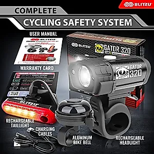 BLITZU Bike Lights, Bike Reflectors Front and Back. LED Rechargeable Headlight Rear Taillight & Bell Set Bicycle Accessories for Night Riding Men Women Kids. Gift for Dad, Mom, Boys, Girls