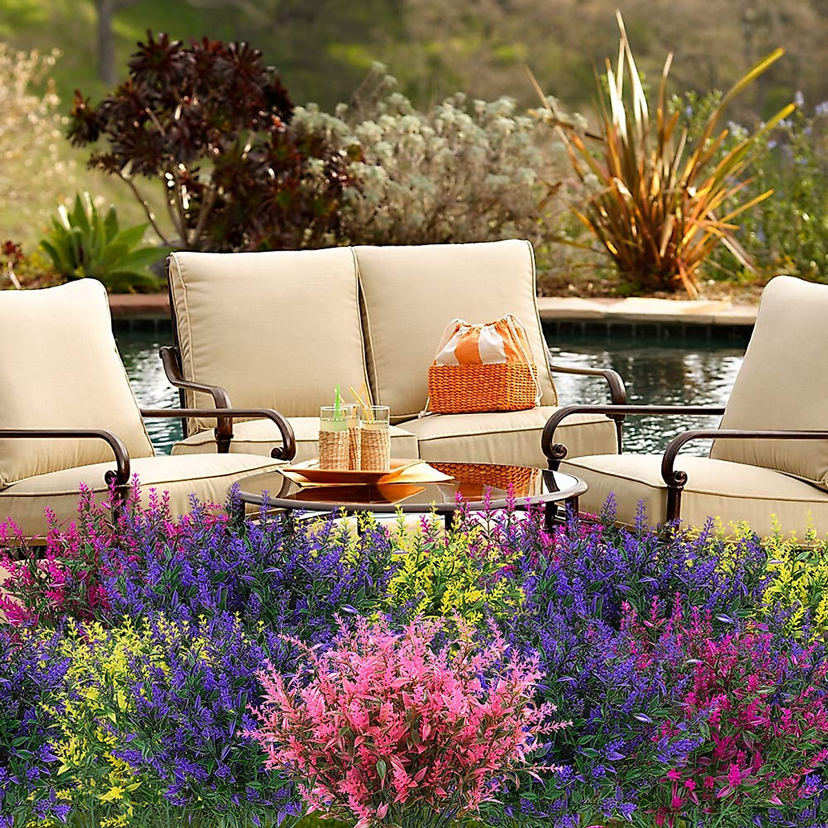 KLEMOO Artificial Lavender Flowers Plants 8 Pieces, Lifelike UV Resistant Fake Shrubs Greenery Bushes Bouquet to Brighten up Your Home Kitchen Garden Indoor Outdoor Decor(Pink)