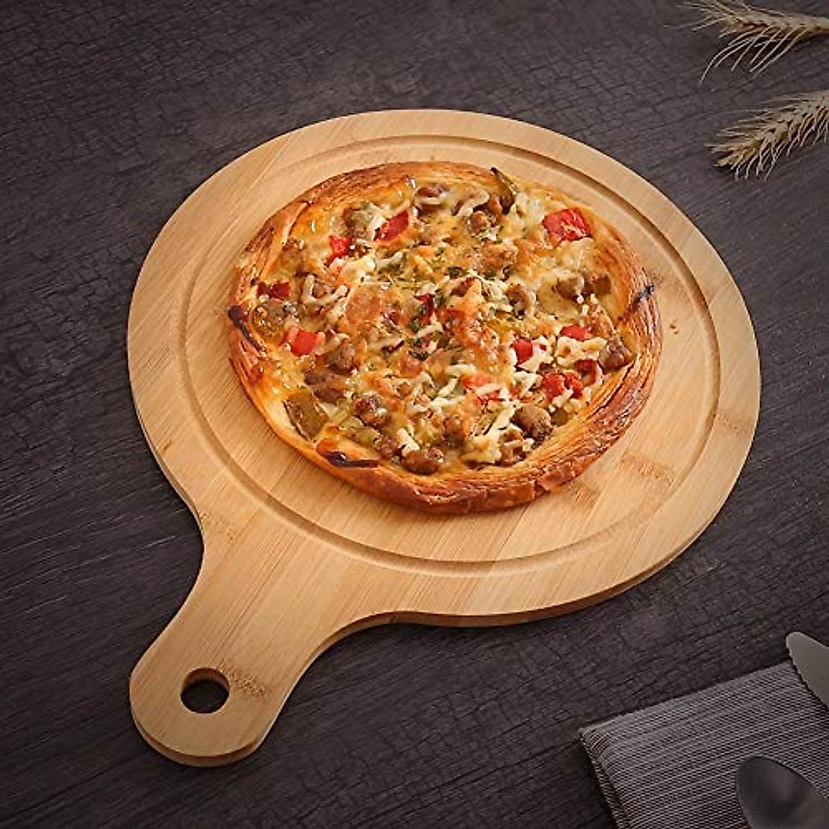 Guojanfon Bamboo Cutting Board Set 3PCS ,Meat Chopping Boards,Pizza Peel Paddle with Handle for Homemade Baking Pizza Bread Cake Fruit Vegetables (3PCS Set- Board)