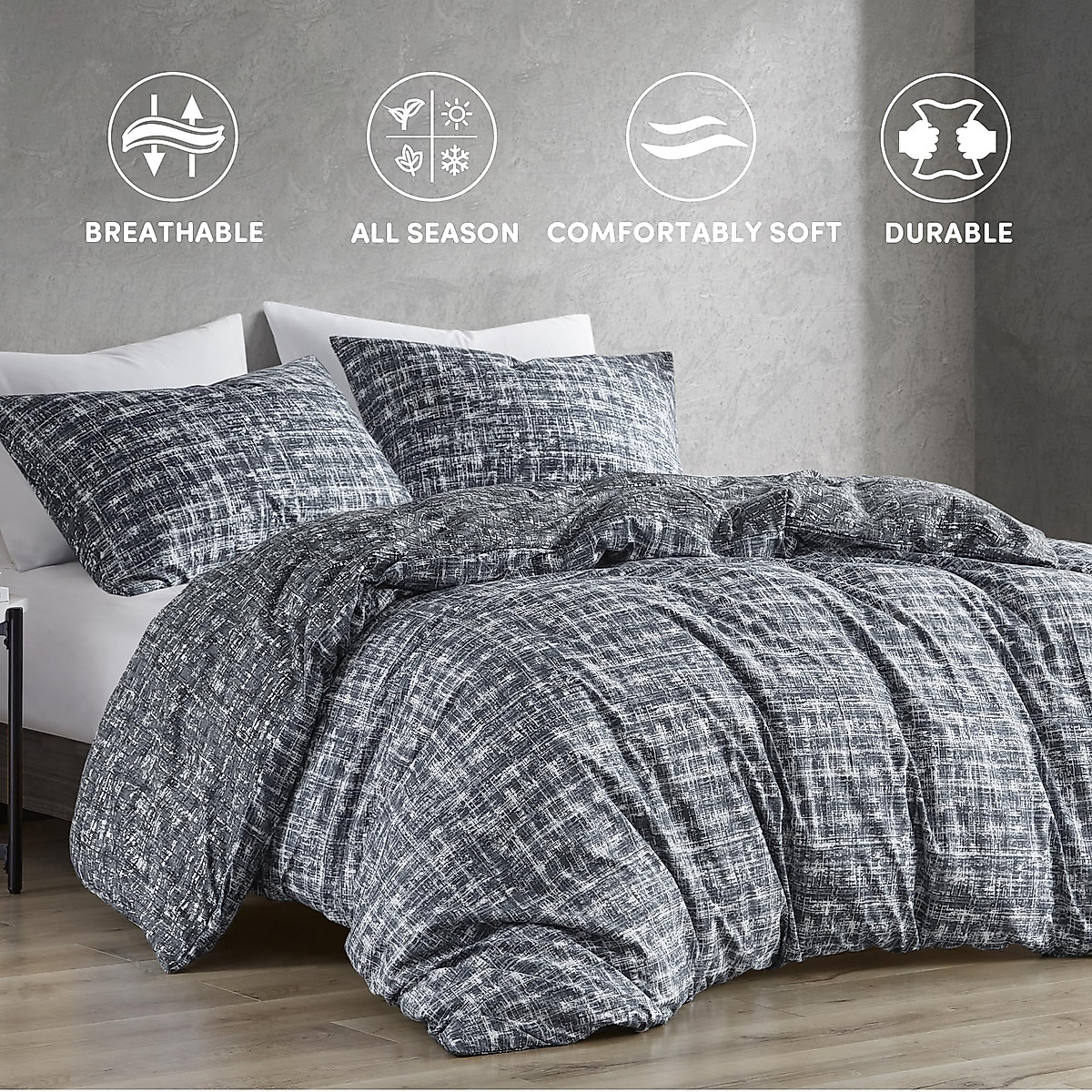 Comfort Spaces Queen Duvet Cover Set - Grey Bedding for All Season, Ultra Soft 3 Pieces Reversible Duvet Cover with 2 Matching Shams, Button Closure, Machine Washable, Full/Queen
