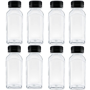 MYYZMY 8 Pcs 8 Ounce Plastic Juice Bottles, Reusable Bulk Beverage Containers for Juice, Milk and Other Beverages, Black lid