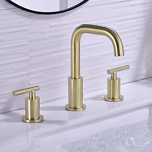 TRUSTMI Bathroom Faucet 2 Handle 8 Inch Brass Sink Faucet 3 Hole Widespread with 360 Degree Swivel Spout, cUPC Water Supply Lines and Overflow Pop Up Drain Included, Brushed Gold