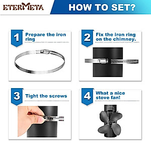 Wood Stove Fan, Heat Powered 4 Blades Hanging Stove Fan, Silent Flue Pipe Hanging Fireplace Fan with Stove Thermometer for Wood/Log Burner/Fireplace, Eco Friendly Efficiently Fireplace Fan, Black