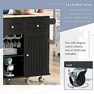 Gustonhon Kitchen Island with Drop Leaf,Dining Table Trolley with Power Outlet and Rubber Wood,Open Storage and Wine Rack,5 Wheels,with Adjustable Storage for Home, Kitchen, and Dining Room (Black)