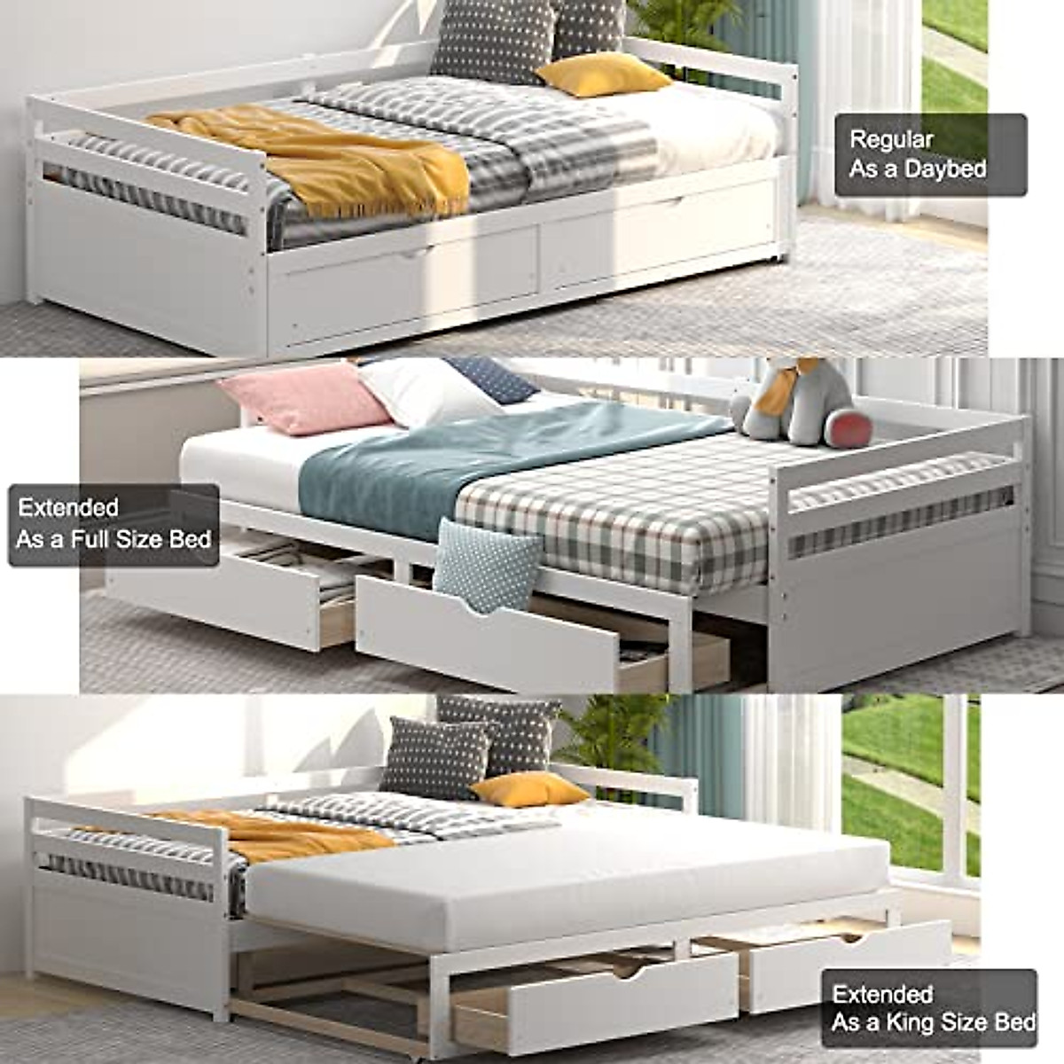 DORTALA Twin to King Daybed with Trundle and 2 Storage Drawers, Modern Extendable Daybed with Pull Out Bed Twin, Dual-use Sofa Bed for Bedroom, Guest Room, Living Room, No Box Spring Required, White