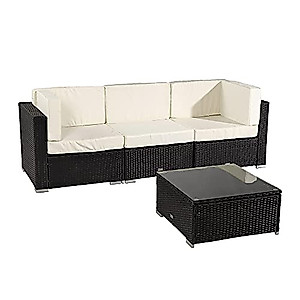 SAWQF Furniture Set 4 Pieces PE Wicker Rattan Corner Sofa Set US Warehouse in Stock