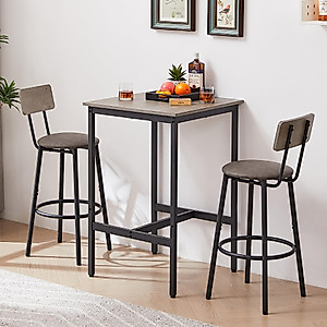 LostCat Bar Table and Chairs Set, Sqaure Bistro Table and Chairs Set of 2 with PU Soft Seat and Backrest, Dining Table Set for Small Spaces, Kitchen and Bar, Rustic Grey