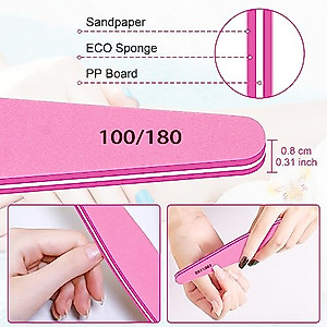 Anrui Emery Boards for Nails, 12 PCS Nail Files for Natural Nails, 100/180 Grit Double Sided Emery Boards for Nails, Reusable & Washable Professional Nail File for Home Salon - Pink