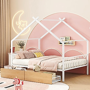 Metal House Bed for Kids, Full Size Bed Frame with Storage Drawers and Slats, Kids Bed Frame with Headboard and Footboard, Full Size House Bed for Kids, Girls, Boys(Full White)