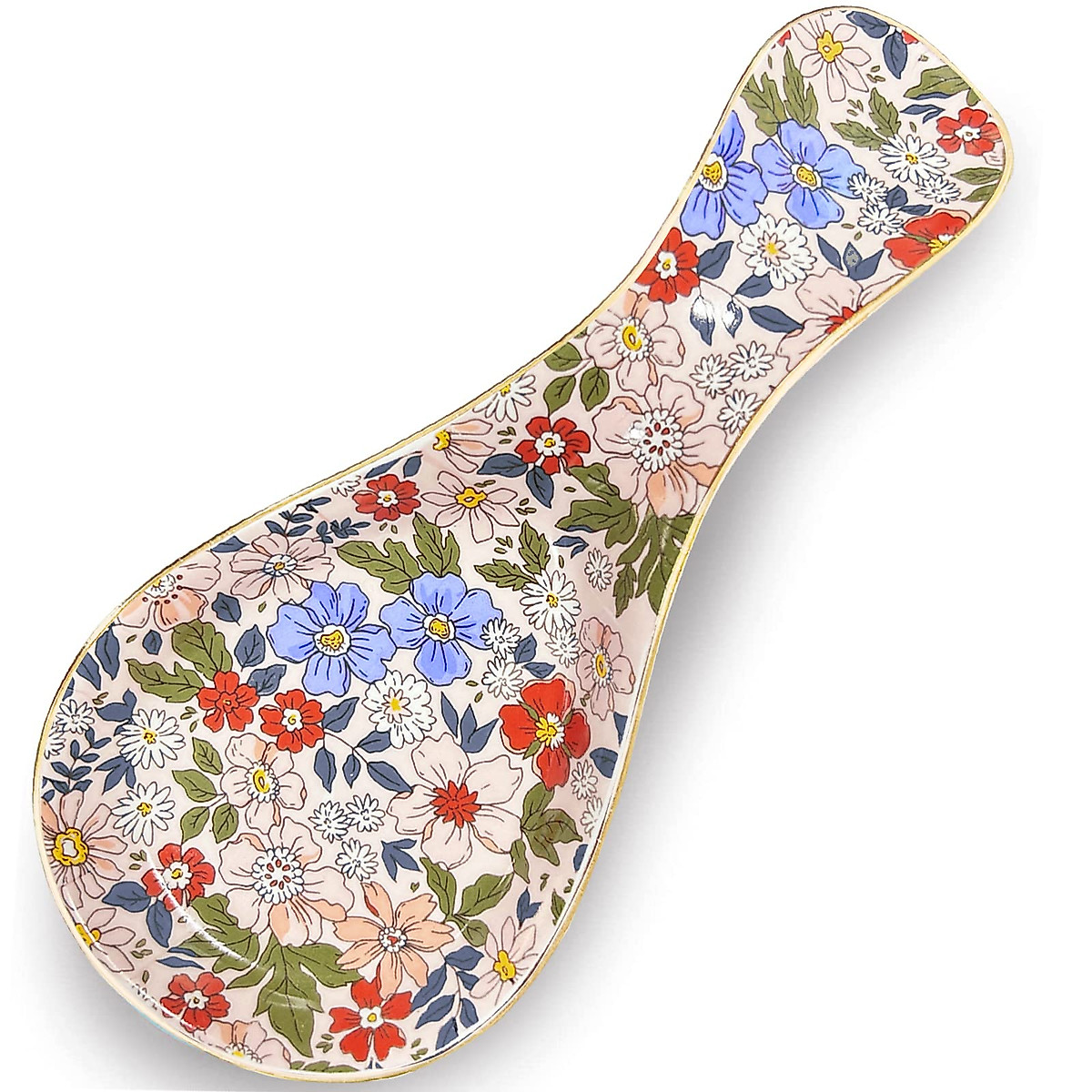 LEAZUL Ceramic Spoon Rest for Stove Top Large Spoon Holder Farmhouse Spoon Rest for Kitchen Counter Floral Coffee Spoon Rest Flowers Print Cooking Utensil Tools Rest Modern Farmhouse Kitchen Decor