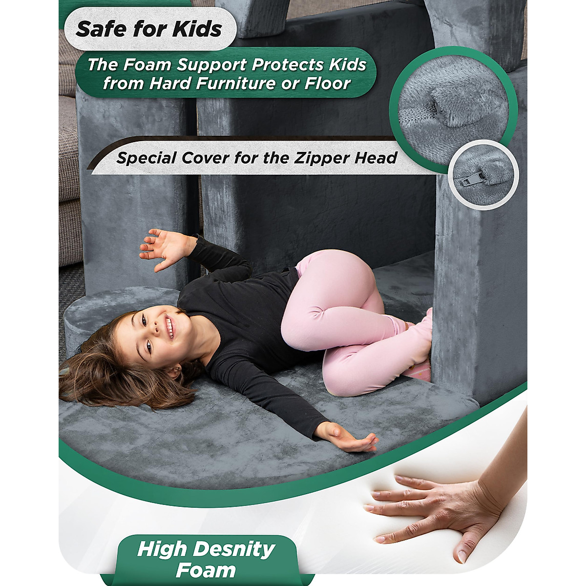 Lunix LX15 14pcs Modular Kids Play Couch, Child Sectional Sofa, Fortplay Bedroom and Playroom Furniture for Toddlers, Convertible Foam and Floor Cushion for Boys and Girls, Gray