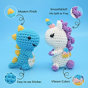 24 Pack Beginners Crochet Yarn Blue Green Pink Purple Yellow Rainbow Cotton Crochet Yarn for Crocheting Knitting Beginners with Easy-to-see Stitches Mini Crochet Yarn for Beginners Crochet Kit(24x25g)