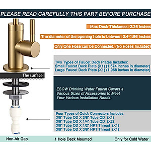 ESOW Kitchen Water Filter Faucet, 100% Lead-Free Drinking Water Faucet Fits Most Reverse Osmosis Units or Water Filtration System in Non-Air Gap, Stainless Steel 304 Body Brushed Gold Finish