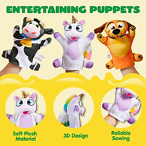 JOYIN 6Pcs Kids Hand Puppet Set, Toddler Animal Plush Toy Includes Elephant, Unicorn, Puppy, Pig, Tiger and Cow for Boys Girls Show Theater, Birthday Party Gifts, Easter Basket Stuffers