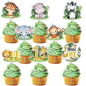 Weecent 48 PCS Wild One Cupcake Toppers Baby 1st Birthday Decorations Jungle Safari Theme Cake Toppers For Baby Boy Girls Safari Animal Party Supplies