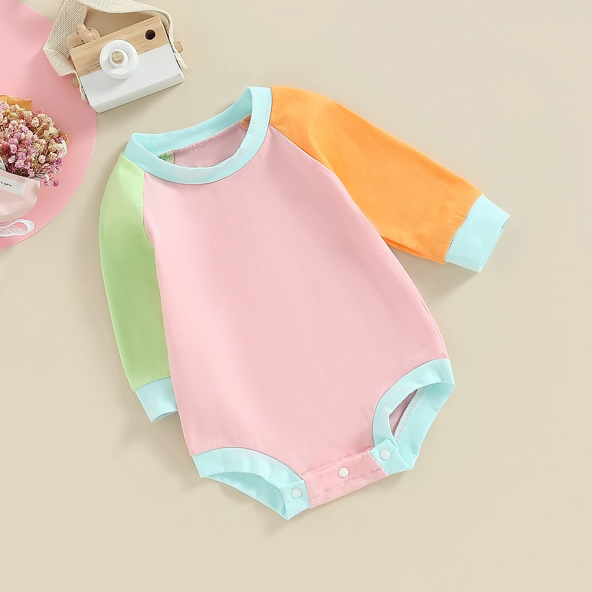 JLKGICF Baby Girl Boy Color Block Sweatshirt Long Sleeve Crewneck Sweater Romper Oversized Onesie Outfit Cute Fall Clothes(D-Green&Orange&Pink, 18-24 Months)