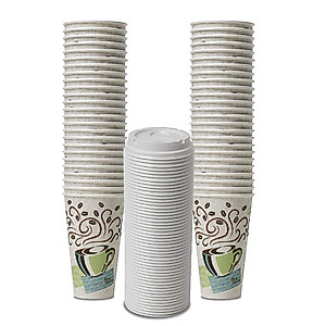 DuraCasa Dixie PerfecTouch WiseSize Coffee Design Insulated Paper Cup, 16oz Cups, Lids Drinking/Stirring Straws Bundle (16 oz, 50 Cups, 50 Lids 50 Straws)