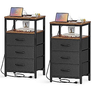 Huuger Nightstands Set of 2, 27.6 Inch End Tables with Charging Station, Side Tables with Fabric Drawers, Bedside Tables with USB Port and Outlet, Night Stands for Bedroom, Living Room, Rustic Brown
