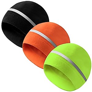 3 Pieces Reflective Fleece Hat Neon Safety Beanies Adult High Visibility Skull Watch Hat with Reflective Stripe (Fluorescent Green, Fluorescent Orange, Black)