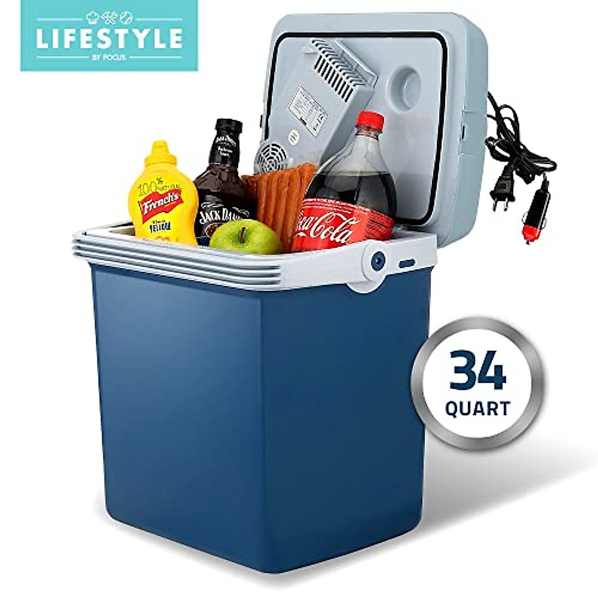 Lifestyle by Focus Electric Travel Cooler/Warmer Portable Camping Cooler Hard Cooler Ice Chest for Car, Home, Beach, Fishing, Camping, Party (Blue) - 34 Quart, Holds 48 cans