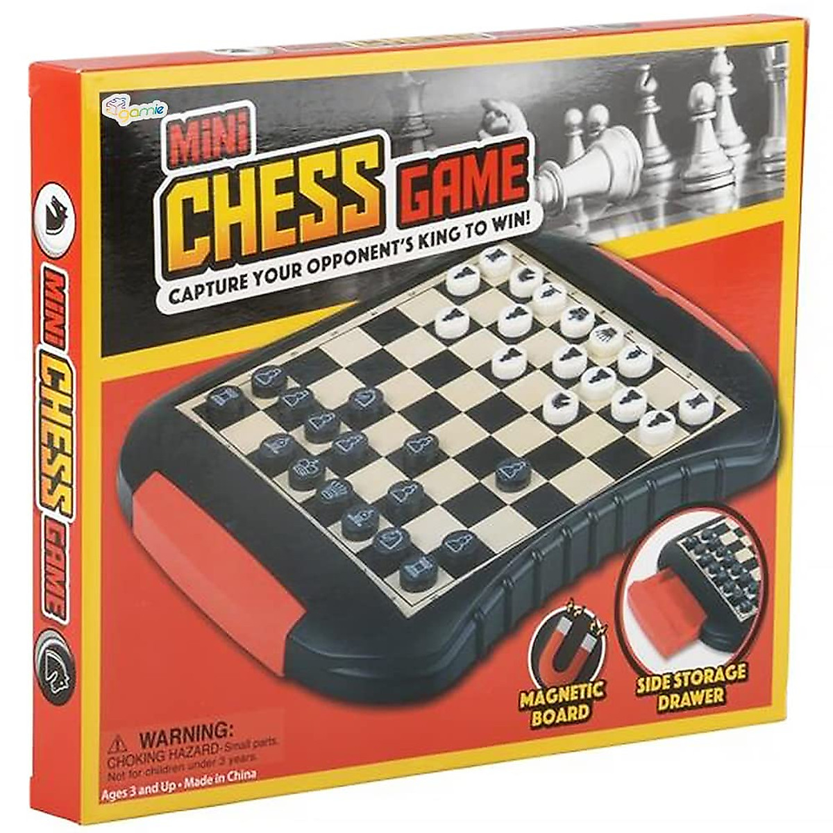 Gamie Mini Chess Game, Magnetic Chess Board with Side Storage Drawers, Mini Chess Board Set for Kids and Adults, Entertaining Road Trip Toys, Travel Games, and Desktop Toys for Adults