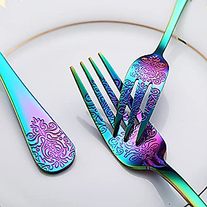 20 Pcs rainbow Silverware Set, Flatware Cutlery Set, Stainless Steel Tableware Eating Utensils, Colorful Silverware Set for 4, Knives Spoons Forks, Mirror Finish and Dishwasher Safe,Flower handle