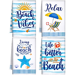 4 Pieces Beach Kitchen Towels Beach Holiday Dishcloths Fast Drying Absorbent Baking Dish Towels Blue Coastal Kitchen Towels for Daily Kitchen Home Cleaning Housewarming Gifts, 16 x 24 Inches