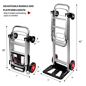 Oyoest Aluminium Hand Truck Dolly Heavy Duty 440lbs Capacity 2 in 1 Convertible Folding Hand Truck with Pneumatic Wheels and Telescoping Handles,Portable Dolly Cart with Bungee Cords for Moving