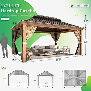 Erinnyees 12' x 14' Aluminum Wood Grain Hardtop Gazebo, Outdoor Aluminum Double Roof with Privacy Curtain and Mosquito Net for Patio, Lawn, Garden, Backyard(Wood Looking)