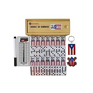 Puerto Rico Dominoes, Puerto Rican Dominoes with Flag Engraved, Puerto Rico Dominos with a Scorecard, Coqui Patch and Boricua Pride Keyfob