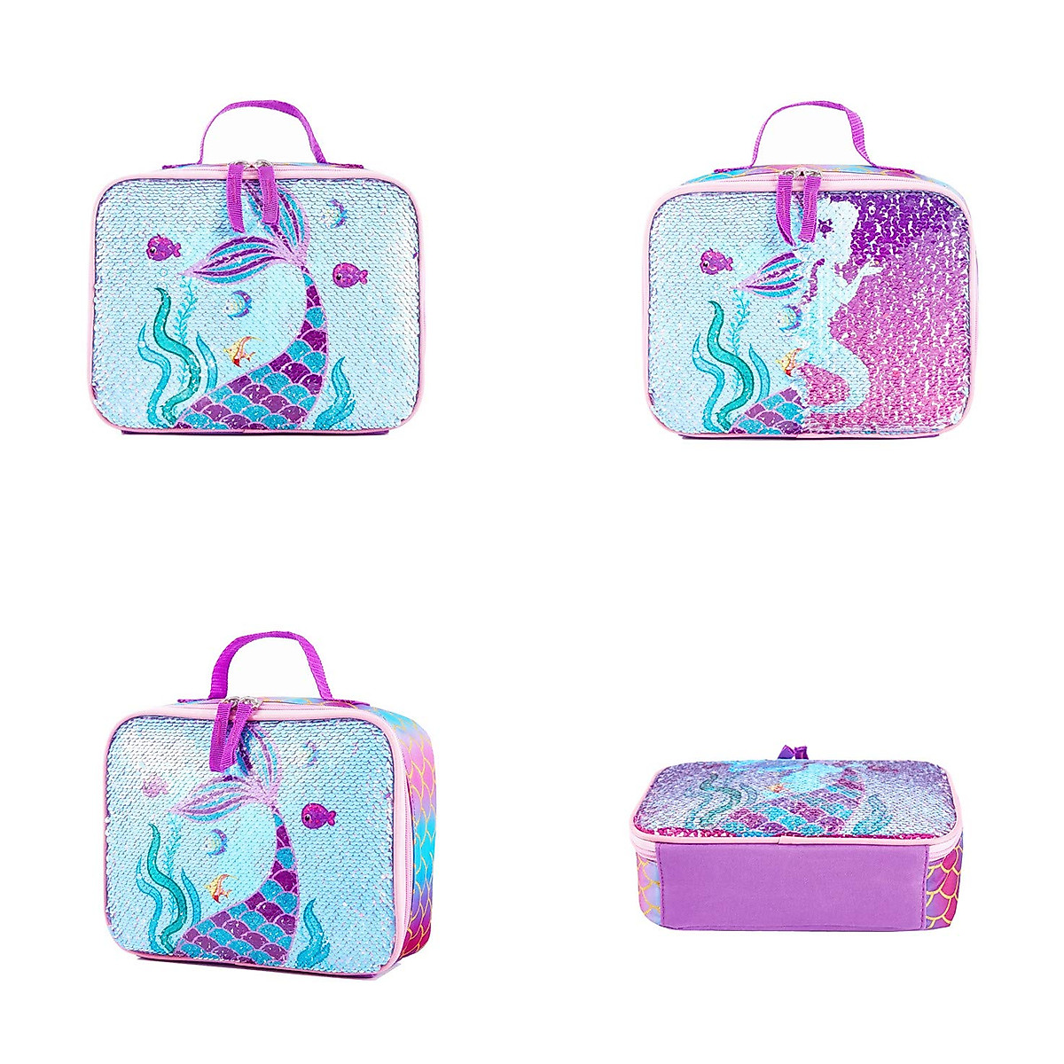 Reversible Sequin School Backpack Lightweight Little Kid Book Bag with Lunch Bag Set for Preschool Kindergarten Elementary (15", Mermaid with Lunch Bag)