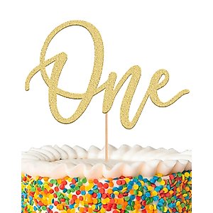 MYAMPED First Birthday Cake Topper - Glitter Gold One Sign 1st birthday Cake Decorating Supplies, Suitable for Baby Shower Favors, Baby Gender Reveal, Baby Birthday Party or Baby Photo Booth Props