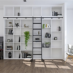 Black Tensible Hook on Rolling Library Ladder Hardware Home Office Library Barn Style Sliding Ladder Hardware Kit Round Track/Rail(No Ladder), Floor Roller with Brake (Size : 13ft/400cm Track kit)