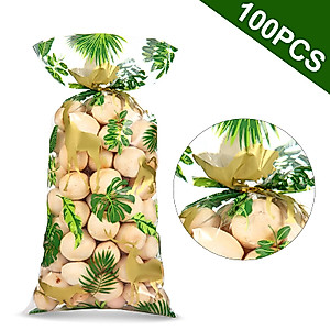100 Pieces Jungle Animal Cellophane Treat Bags, Green Gold Safari Animal Palm Leaves Plastic Candy Goodie Bags with 100 Gold Twist Ties for Wild One Safari Baby Shower Birthday Party Favors