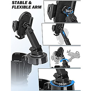 JOYTUTUS Cup Holder Phone Mount for Car, Car Cup Holder Cellphone Holder for Car, Large Car Cup Holder Adapter Long Arm with 360 Degree Rotation, Compatible with iPhone, Samsung & All Smartphones