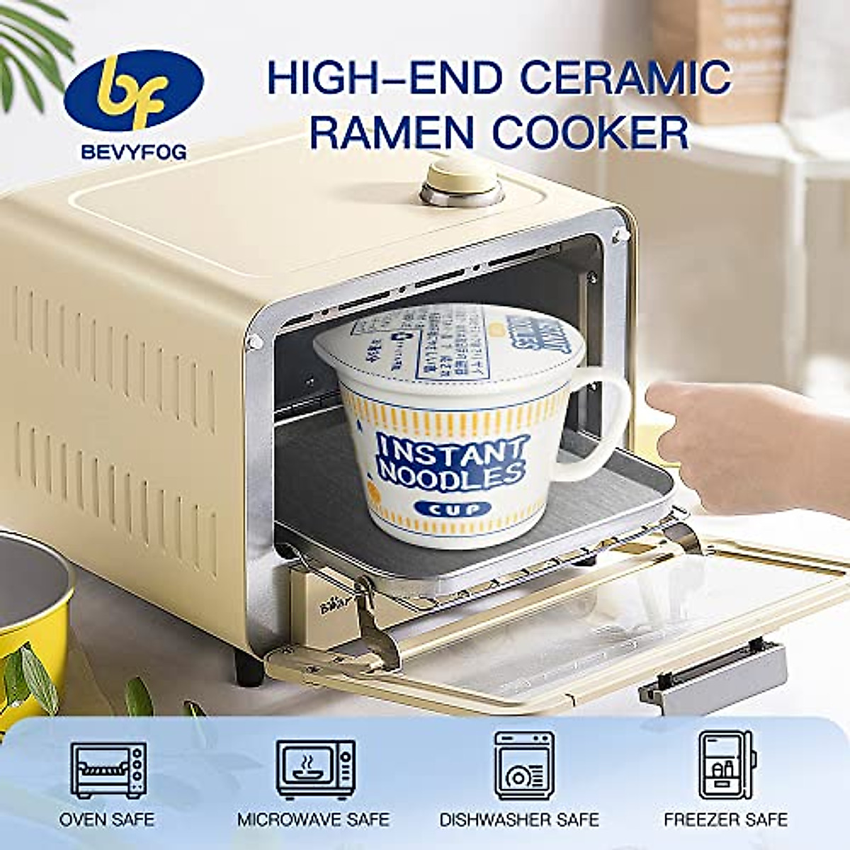 BF BEVYFOG Ramen Bowl Set with Chopsticks 32 OZ Large Ceramic Instant Ramen Noodle Bowls with Lid Gift Wrap Cute Japanese Soup Bowl with Handle, Microwave Safe (Blue)