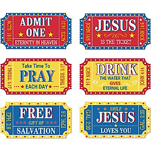 MotiMind 6 Pcs Religious Giant Carnival Ticket Cutouts Halloween Trunk or Treat Decor Carnival Party Decorations Circus Theme VBS Vacation Bible School Supplies Decor