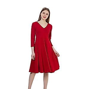 DANTIYA Women's 3/4 Sleeve Work Office Business V-Neck A-Line Knee Long Sheath Midi Dress Red