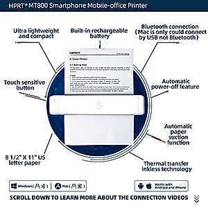 HPRT Wireless Bluetooth Portable Printer for Travel Supports 8.5" X 11" US Letter & A4 Paper, Compatible with Android and iOS Phone No-Ink Technology Suitable for Mobile Office.(MT800Q)