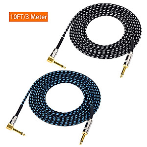 Penker Guitar Instrument Cable 10 Foot,1/4 Inch Right Angle to 1/4 Inch Straight Gold Plated Guitar Cord,Good for Instrument Electric Guitar/Bass/Keyboard with Black Blue