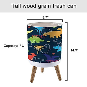 KCDCYCZEAL Small Trash Can with Lid Seamless Colorful Dinosaurs Dinosaur Silhouette Round Recycle Bin Press Top Dog Proof Wastebasket for Kitchen Bathroom Bedroom Office 7L/1.8 Gallon